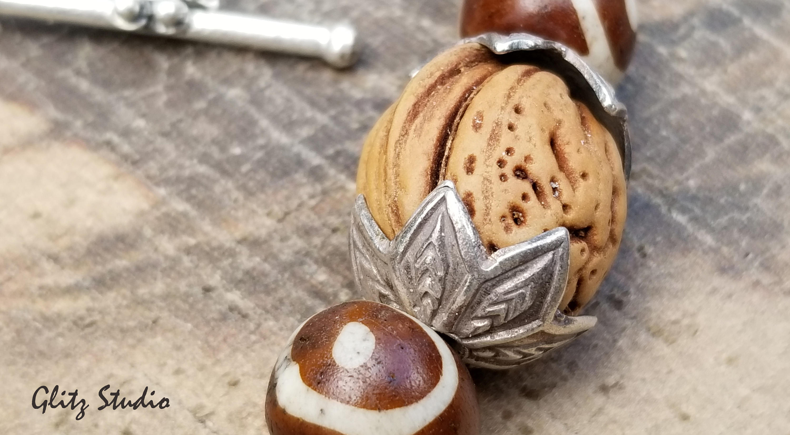 Sterling Silver Peace Nut Bead Necklace W/batik Bone Pendant, African ...