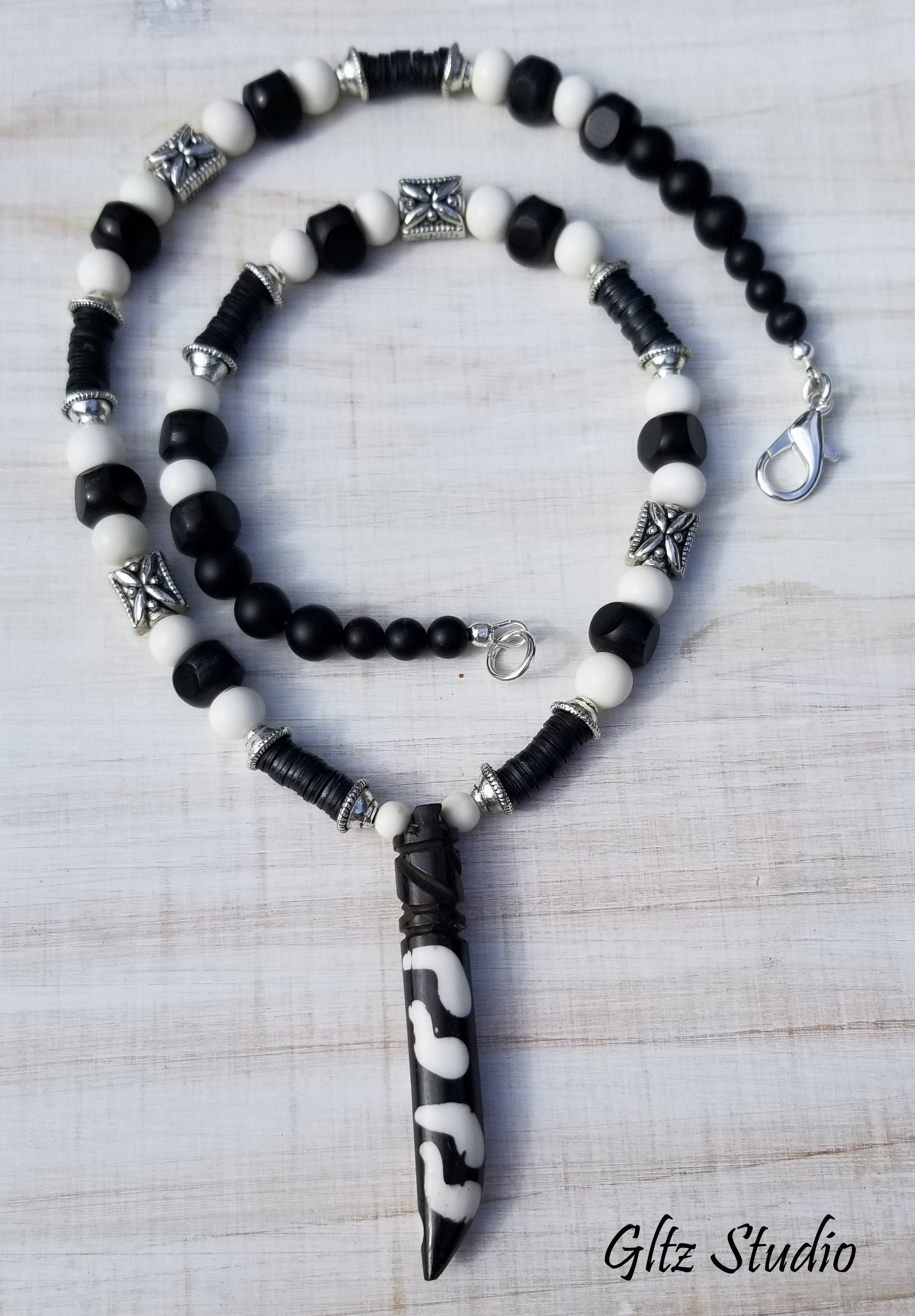Traditional Batik Bone Tooth Pendant Necklace W/vintage Silver Plate ...