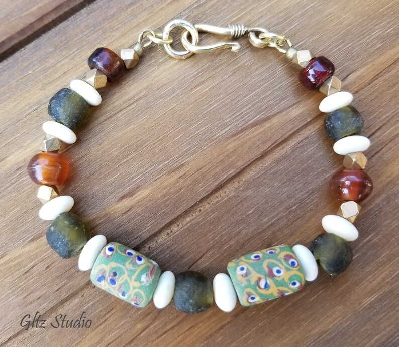 Vintage Light Green African Trade Bead & Solid Brass Bracelet W/african ...