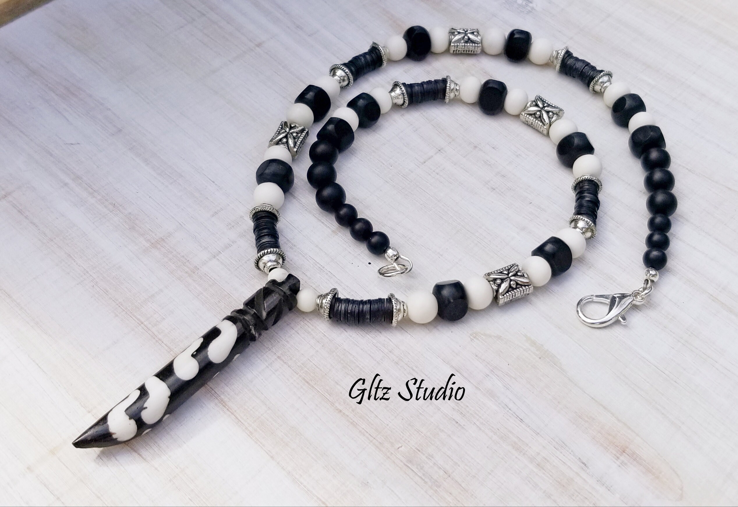 Traditional Batik Bone Tooth Pendant Necklace W/vintage Silver Plate ...