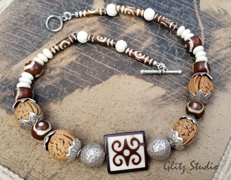 Sterling Silver Peace Nut Bead Necklace W/batik Bone Pendant, African ...