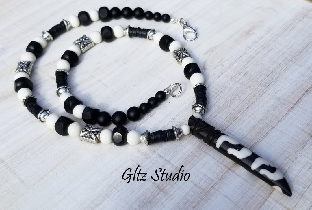 Traditional Batik Bone Tooth Pendant Necklace W/vintage Silver Plate ...