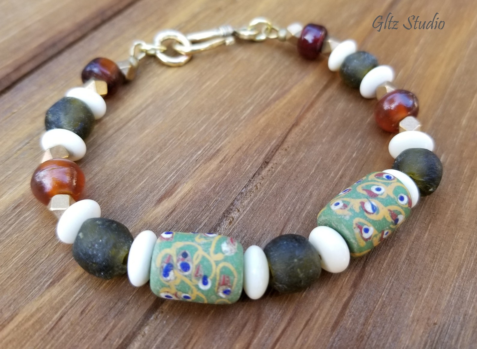 Vintage Light Green African Trade Bead & Solid Brass Bracelet W/african ...