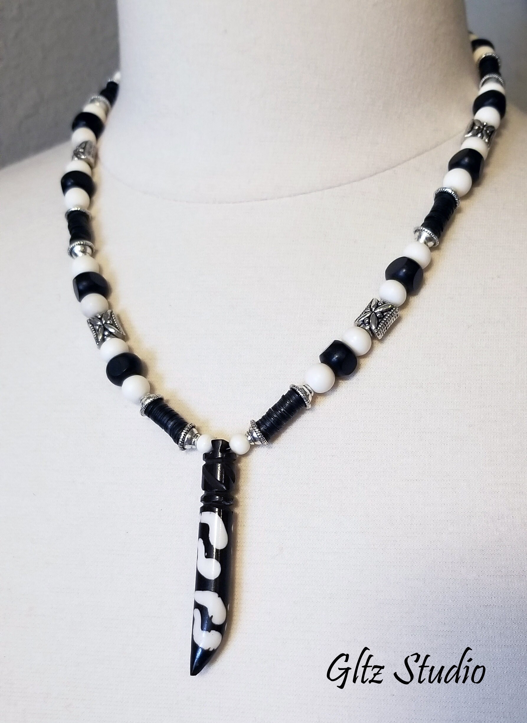 Traditional Batik Bone Tooth Pendant Necklace W/vintage Silver Plate ...