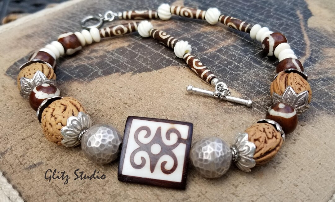 Sterling Silver Peace Nut Bead Necklace W/batik Bone Pendant, African ...