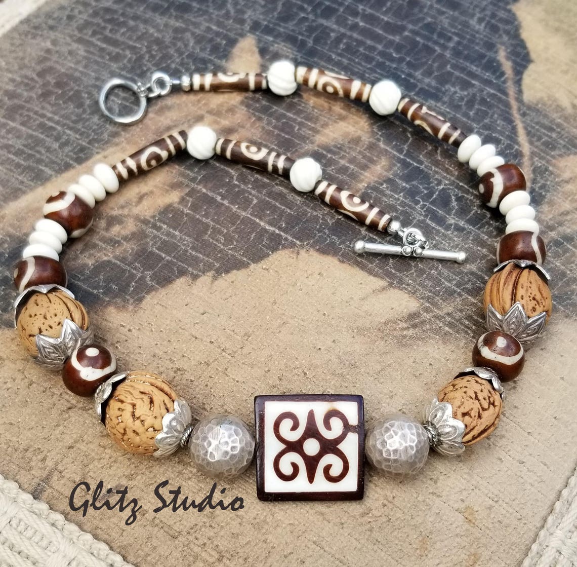 Sterling Silver Peace Nut Bead Necklace W/batik Bone Pendant - Etsy