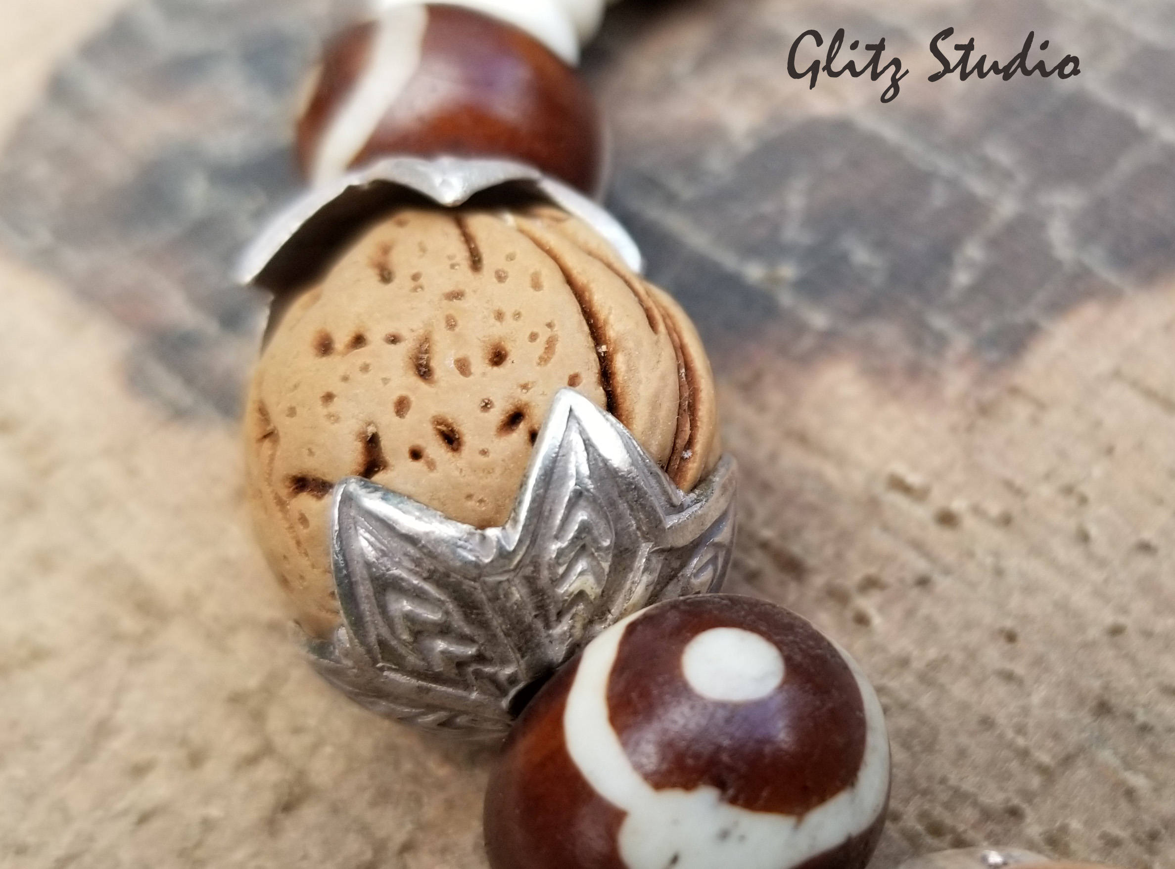 Sterling Silver Peace Nut Bead Necklace W/batik Bone Pendant, African ...