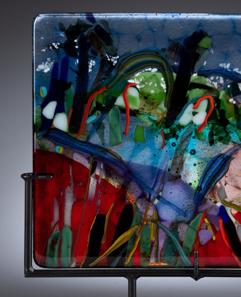 Art Glass Panel in Custom Metal Stand; Fused Glass; Abstract; Flowers ...