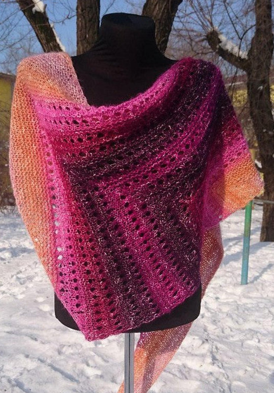 Boho Cotton Shawl, Asymmetrical Triangular Wrap, Handmade Knitted ...