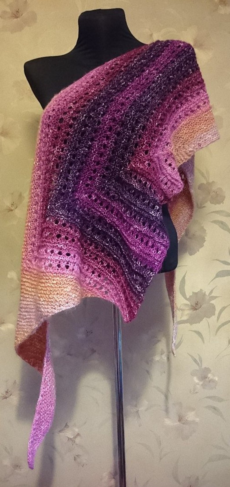 Boho Cotton Shawl, Asymmetrical Triangular Wrap, Handmade Knitted ...