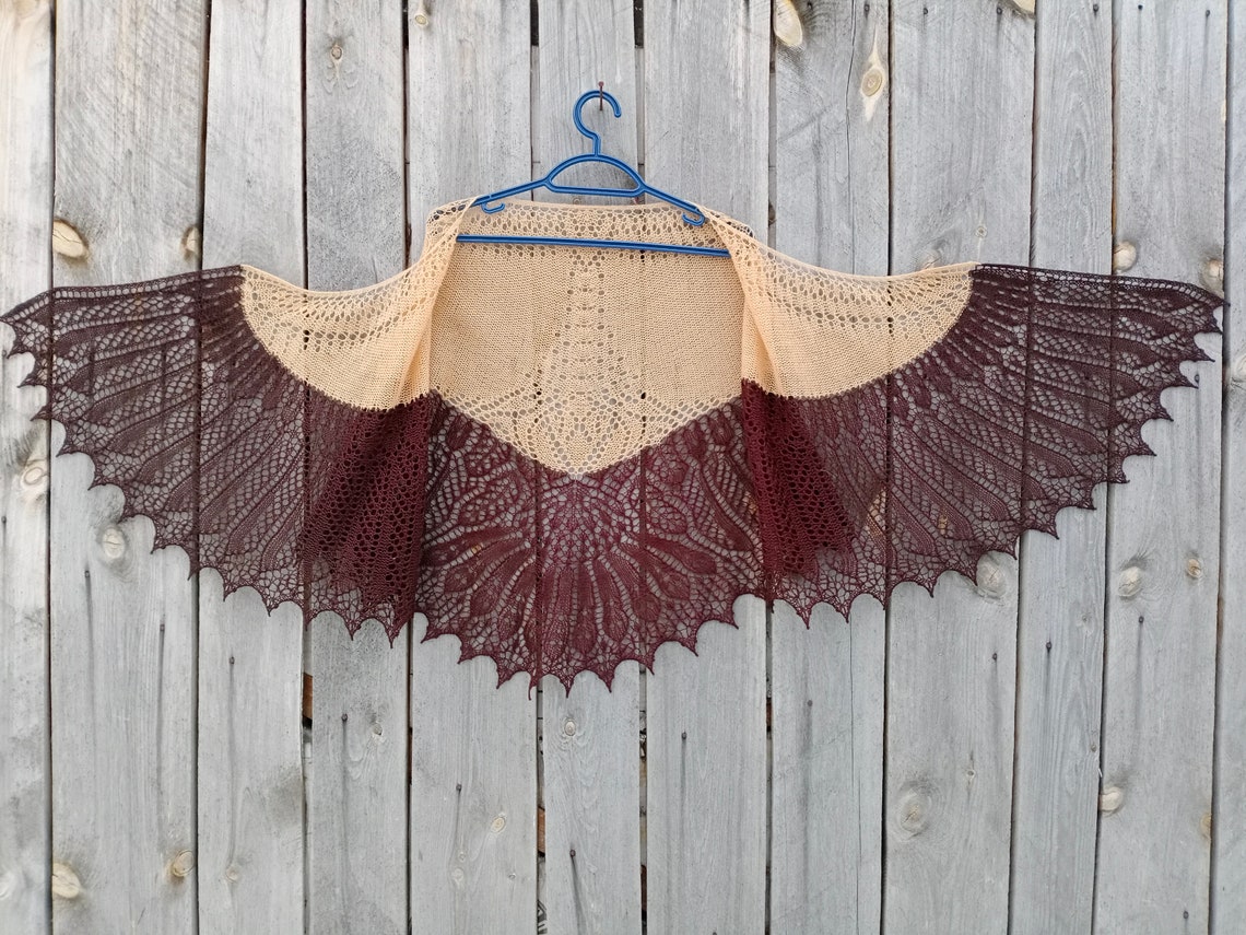 Two-tone Wool Lace Shawl, Handmade Knitted Lace Wrap, Large Shawl of ...