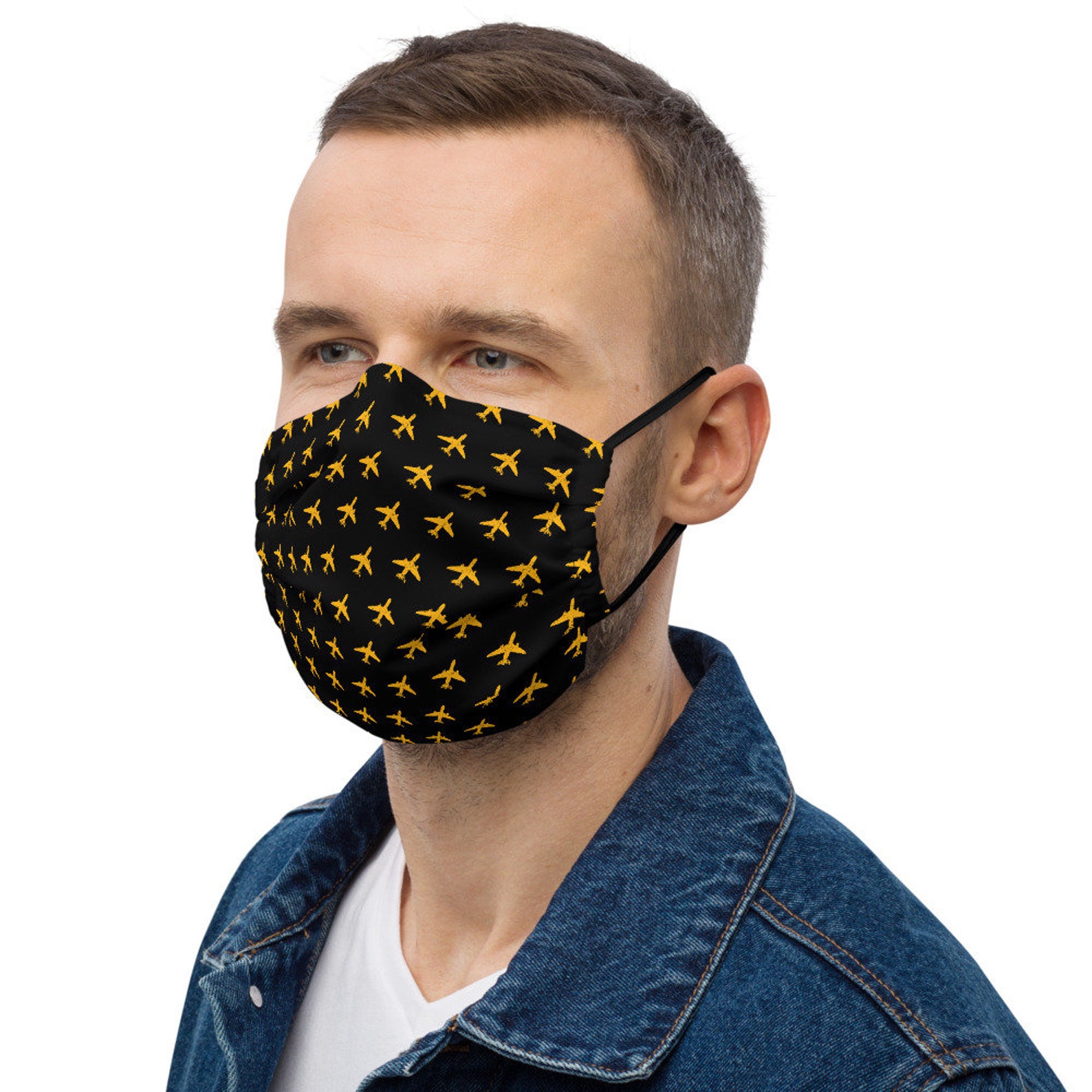 Yellow Jet Airplane Pattern Black Aviation Premium Face Mask | Etsy