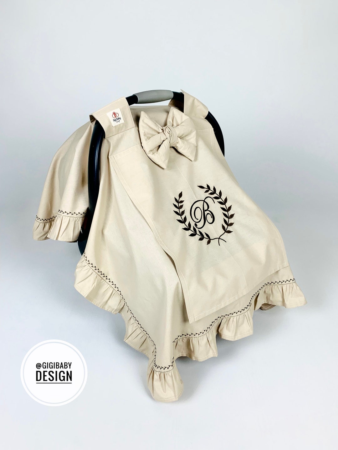 Beige Car Seat Canopy Cover | Mesh Window | Embroidered Ruffle Trim ...