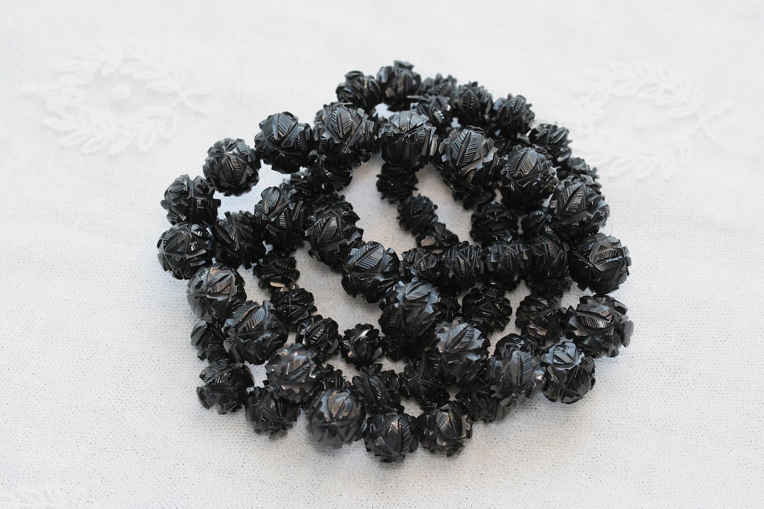 Antique Victorian Carved Whitby Jet or Bog Oak Style Bead Necklace for ...
