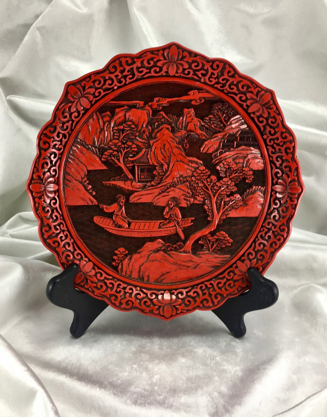 Vintage Chinese Red Cinnabar Plate - Etsy