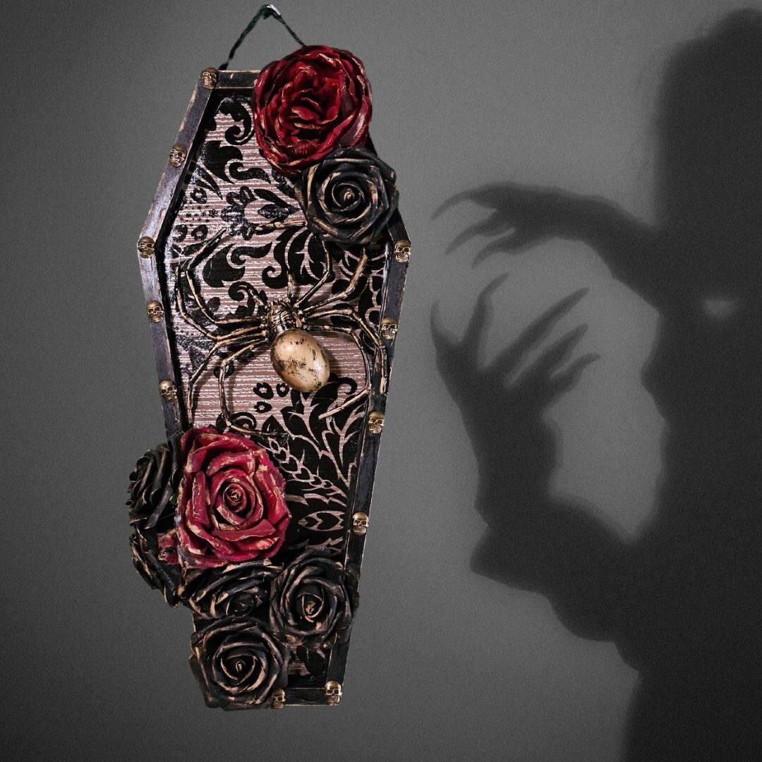 Black and Gold Coffin With Spider and Roses, Gothic Wall Decor, Dark ...