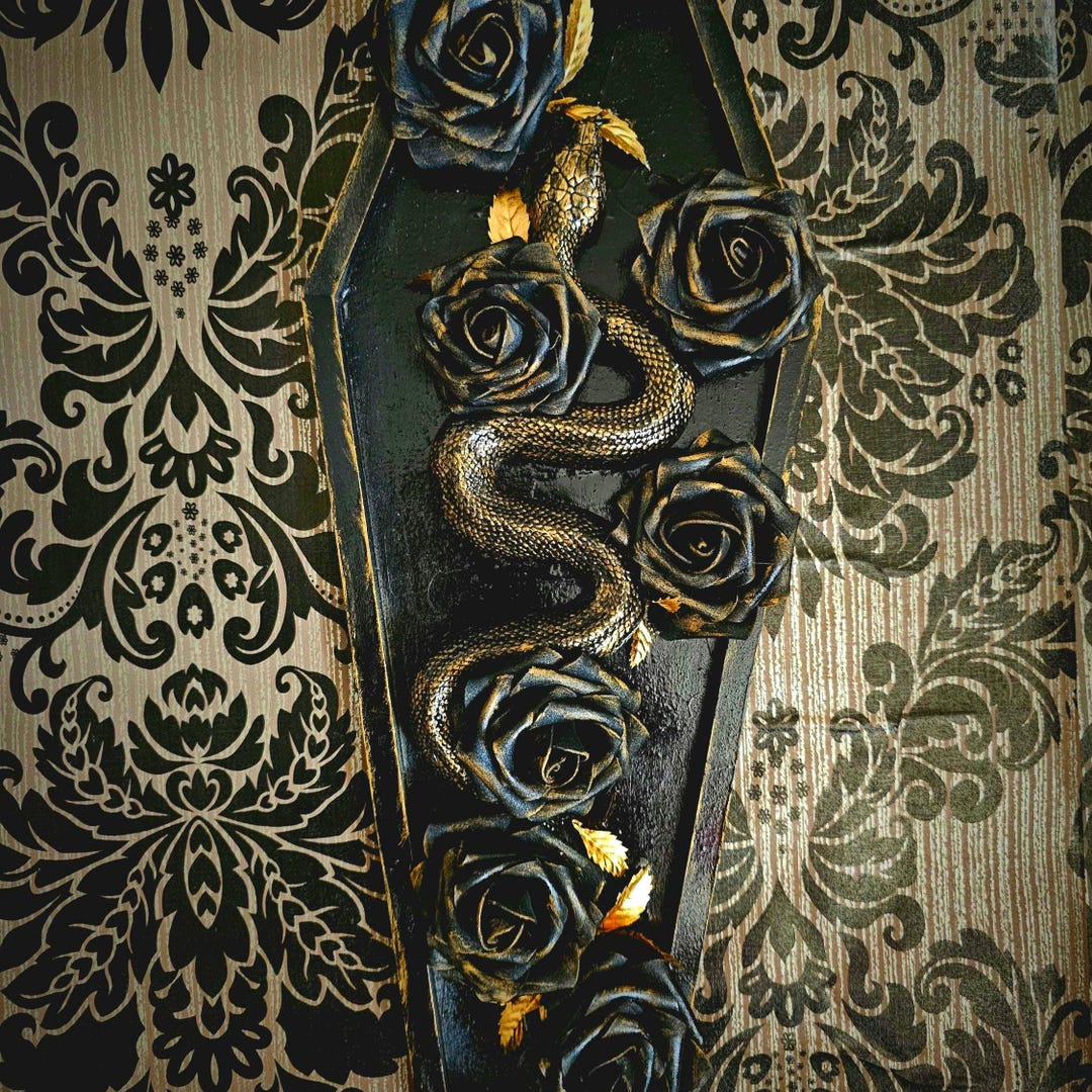 Black and Gold Coffin With Snake and Roses, Gothic Wall Decor, Dark ...