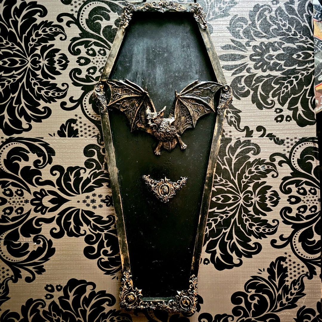 Black and Gold Coffin With a Bat and Filigree Corners, Gothic Wall ...