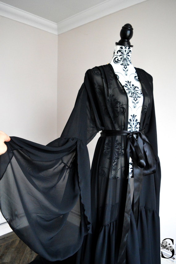 Black Boudoir Dressing Gown Burlesque Robe Sheer Robe Long - Etsy