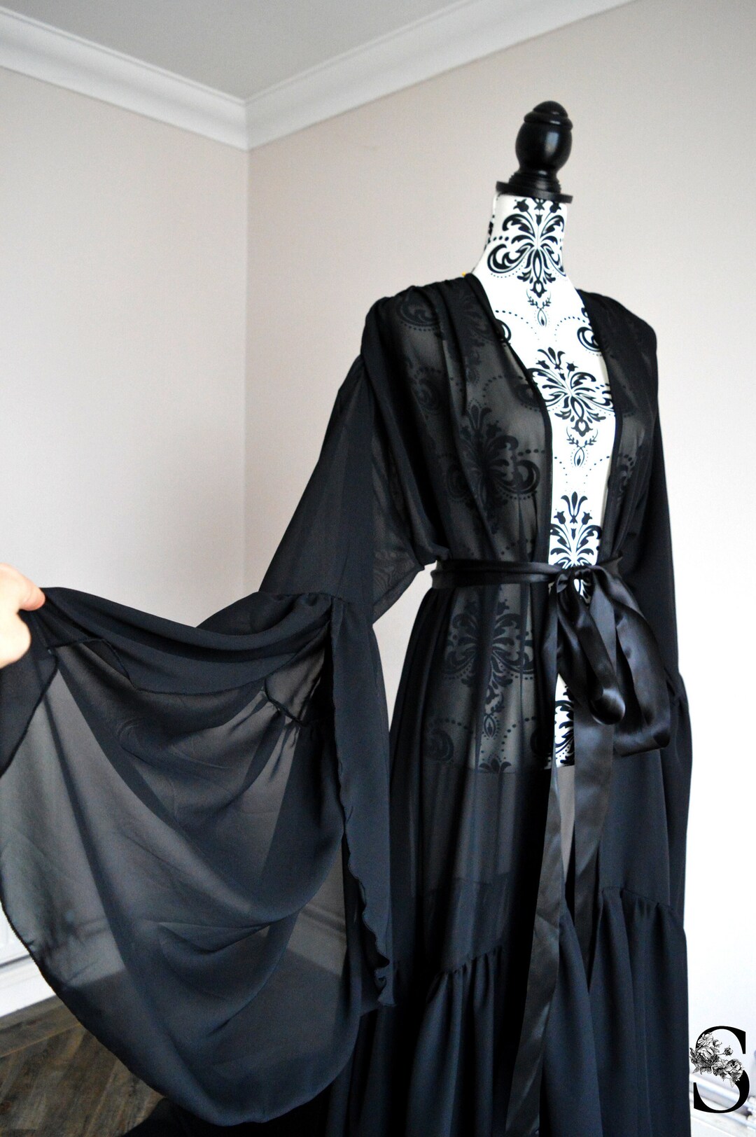 Black Boudoir Dressing Gown, Burlesque Robe, Sheer Robe Long Sleeves - Etsy