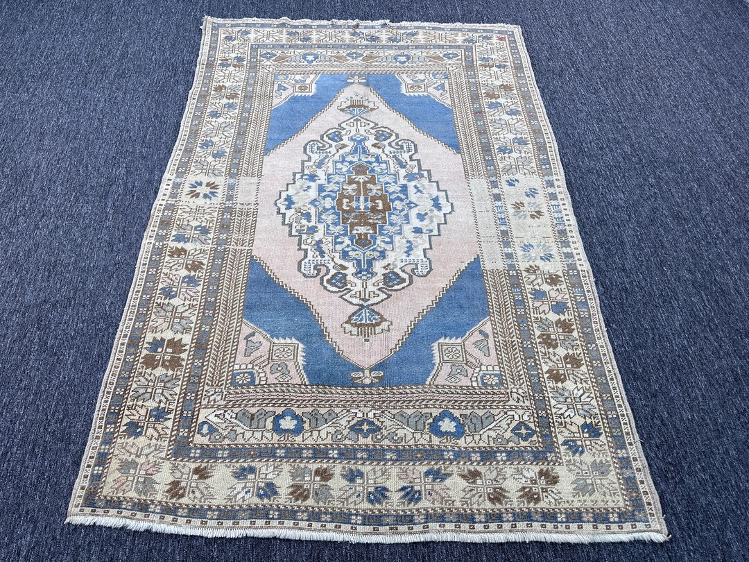 4'10x7 Feet,turkish Anatolian Rug,blue Color Background,light Pink,gray ...