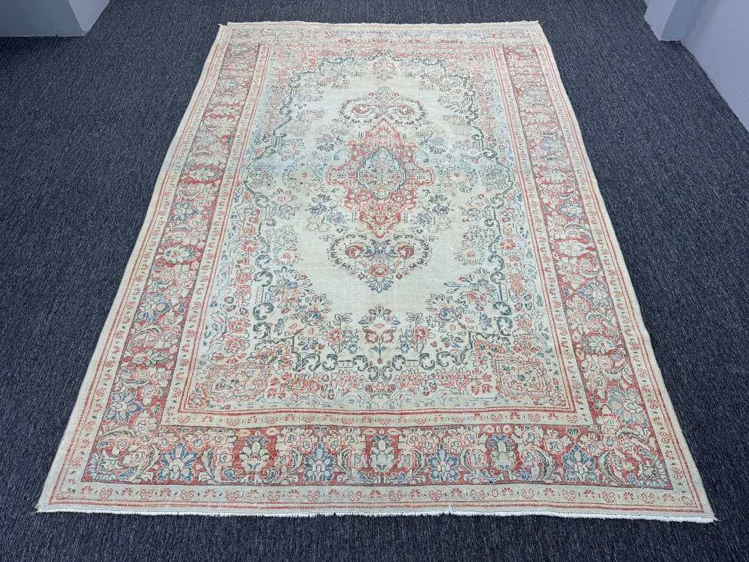6'9x10'9feet,turkish Anatolian Rug,cream Color Background,blue,beige ...