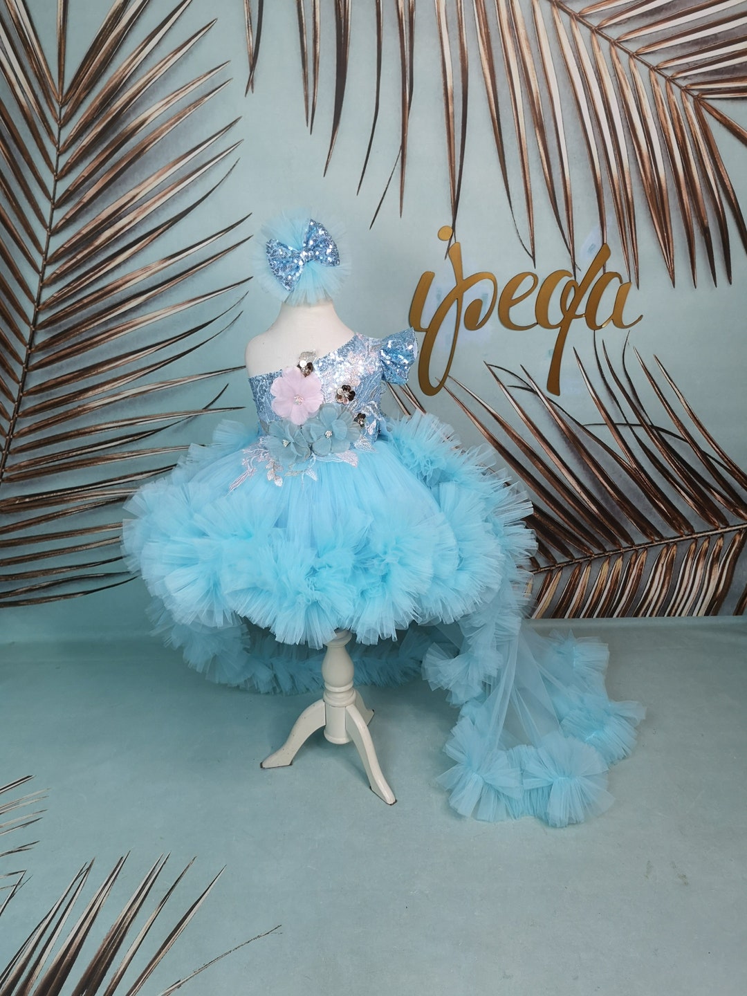 Turquoise Lace Toddler Prom Dress With Detachable Train, Long Tail ...