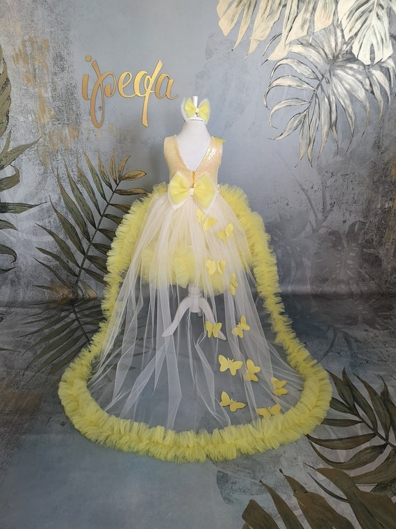 Yellow Girl Prom Gown With Butterflies Detachable Train Long - Etsy