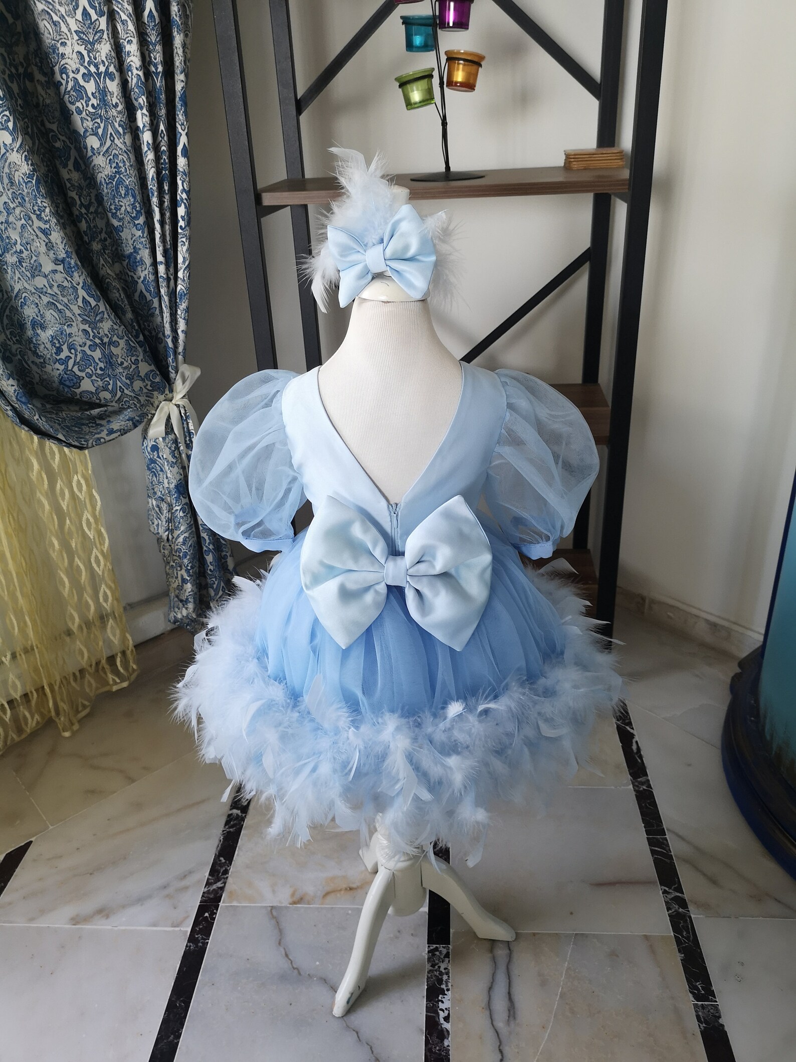 Feather Girls Dress Baby Blue Fur Outfit Flower Girl - Etsy