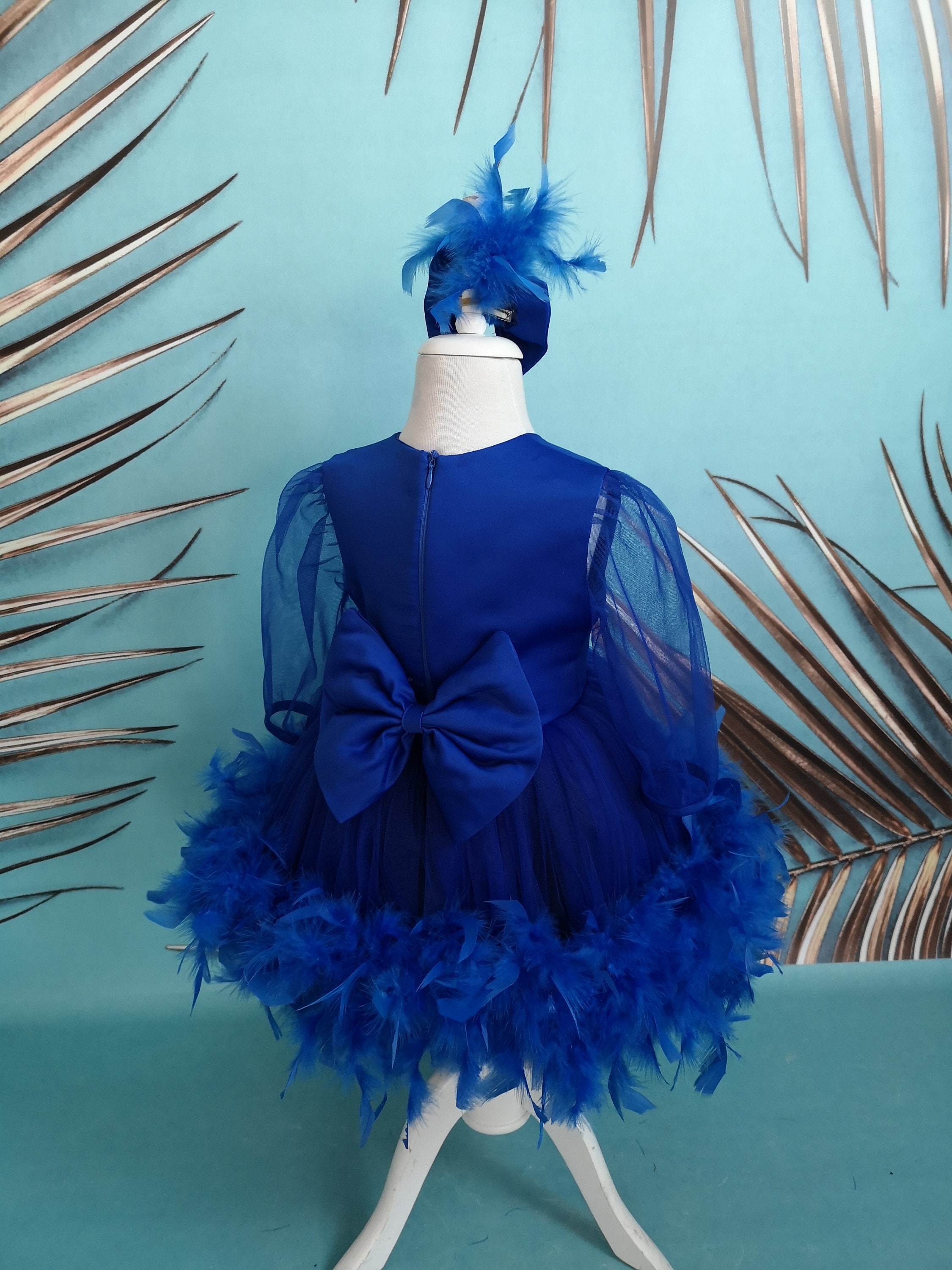 Feather Girls Dress Baby Blue Fur Outfit Flower Girl | Etsy