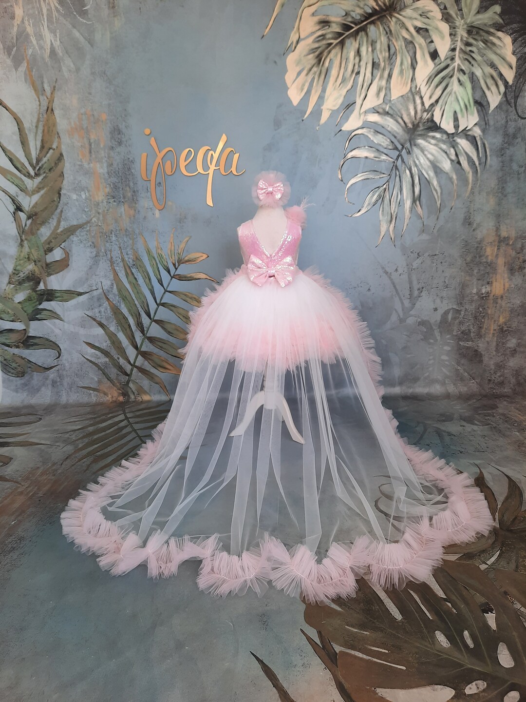 Powder Pink Girl Pageant Dress Detachable Train, Long Tail Baby Grown ...