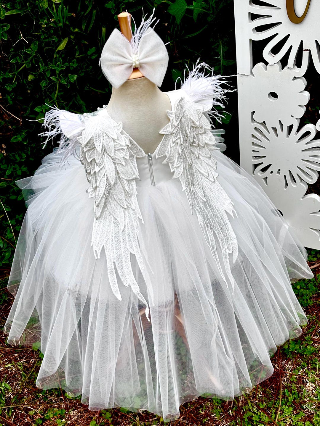 Angle Wings Baby Prom Gown, White Baby 1st Birthday Outfit, Flower Girl ...