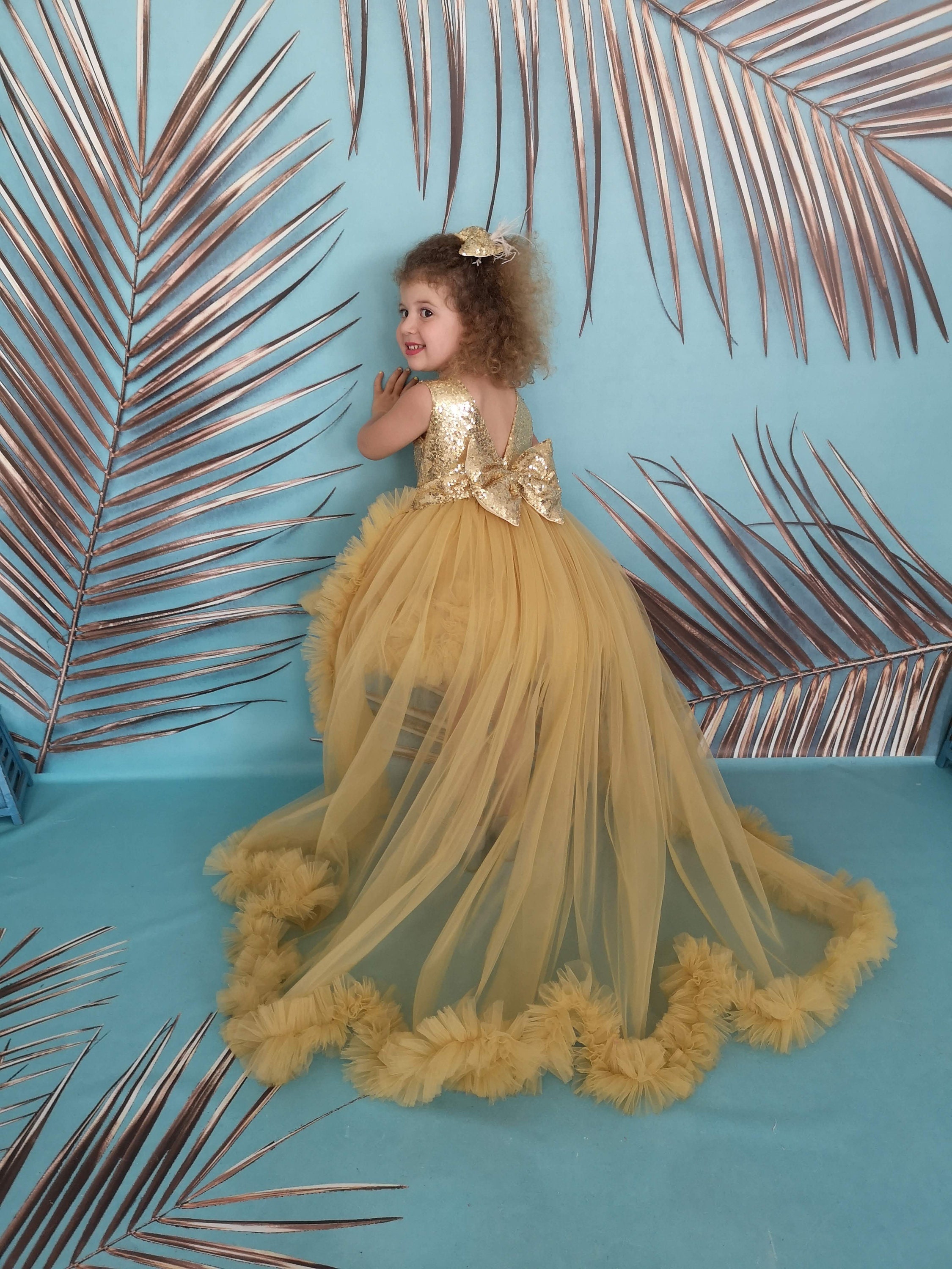 Gold Flower Girl Dress With Detachable Train, Children Poam Gown ...