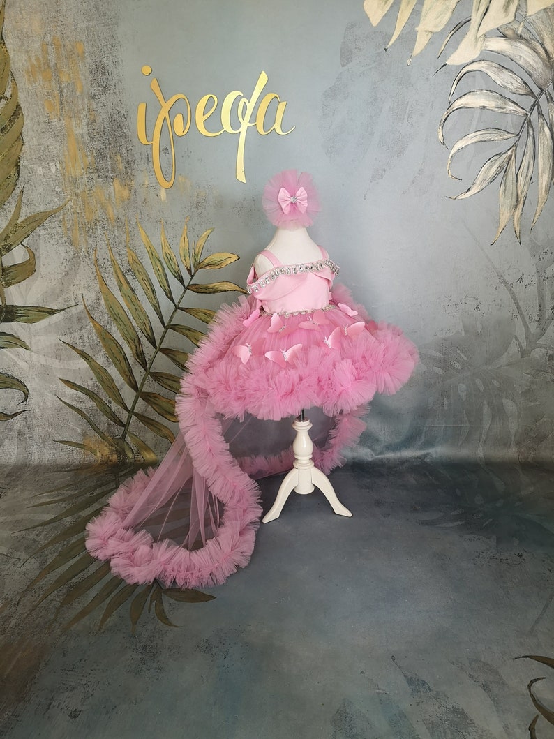 Pink Girl Gown With Chrystals & Detachable Train Butterfly - Etsy