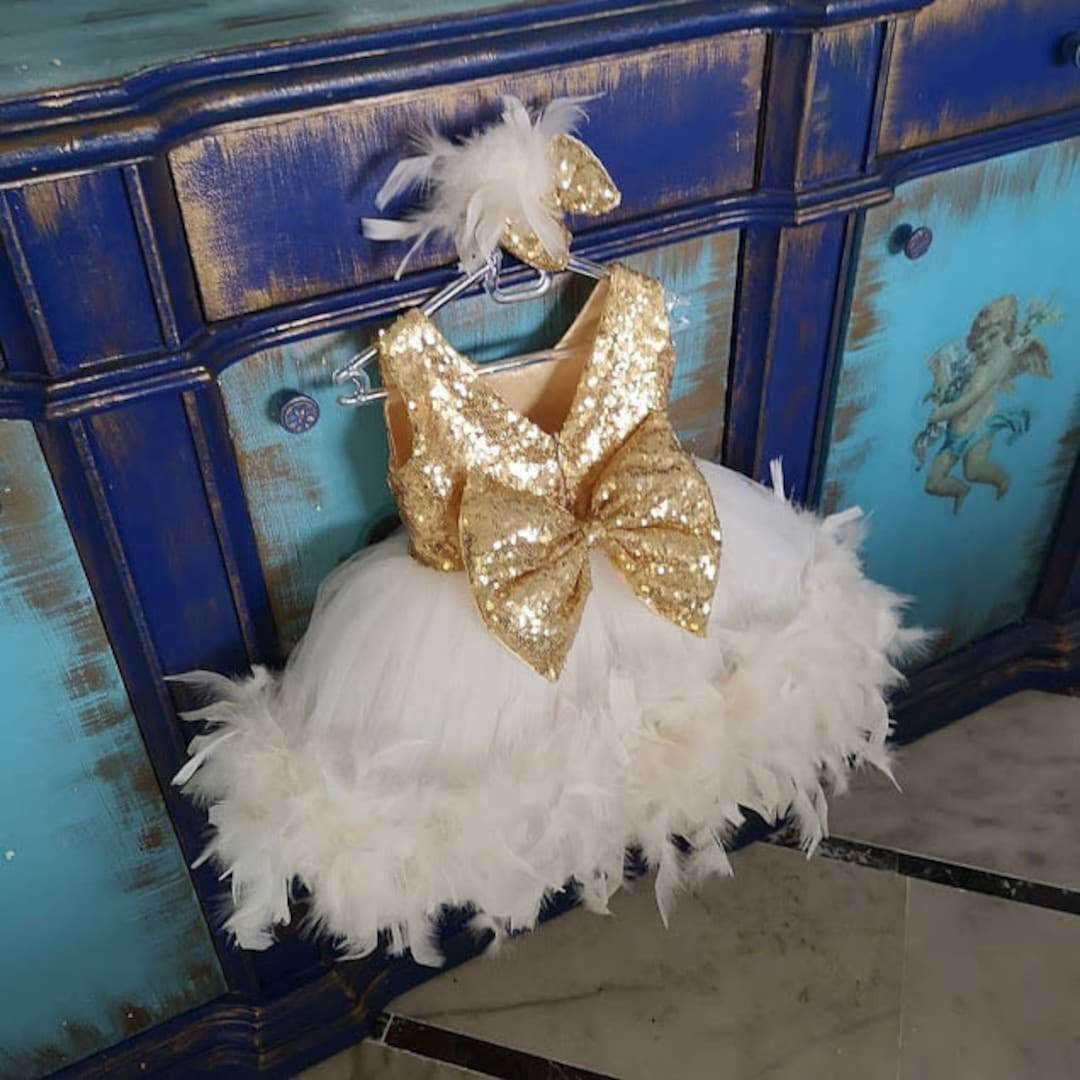 Girls Fur Pageant Dress, Feather Birthday Outfit, Gold Sequin Toddler ...