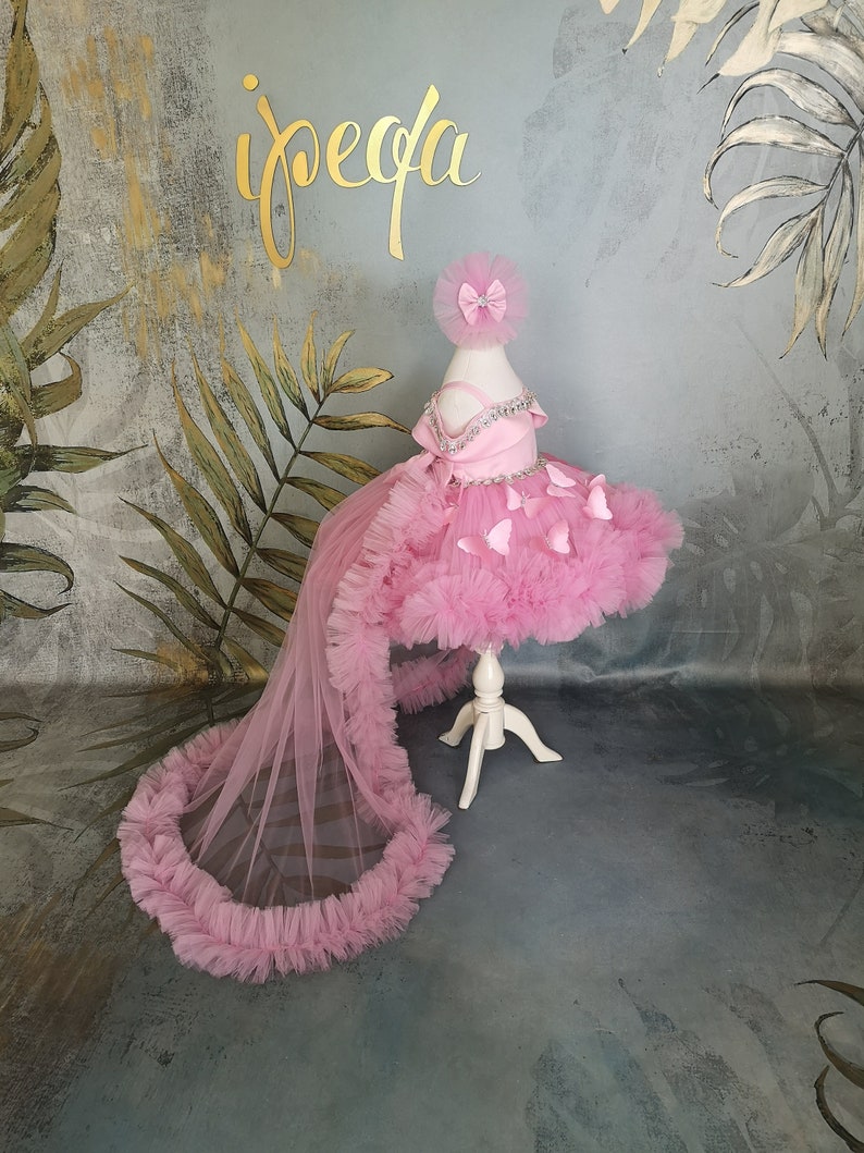 Pink Girl Gown With Chrystals & Detachable Train Butterfly - Etsy