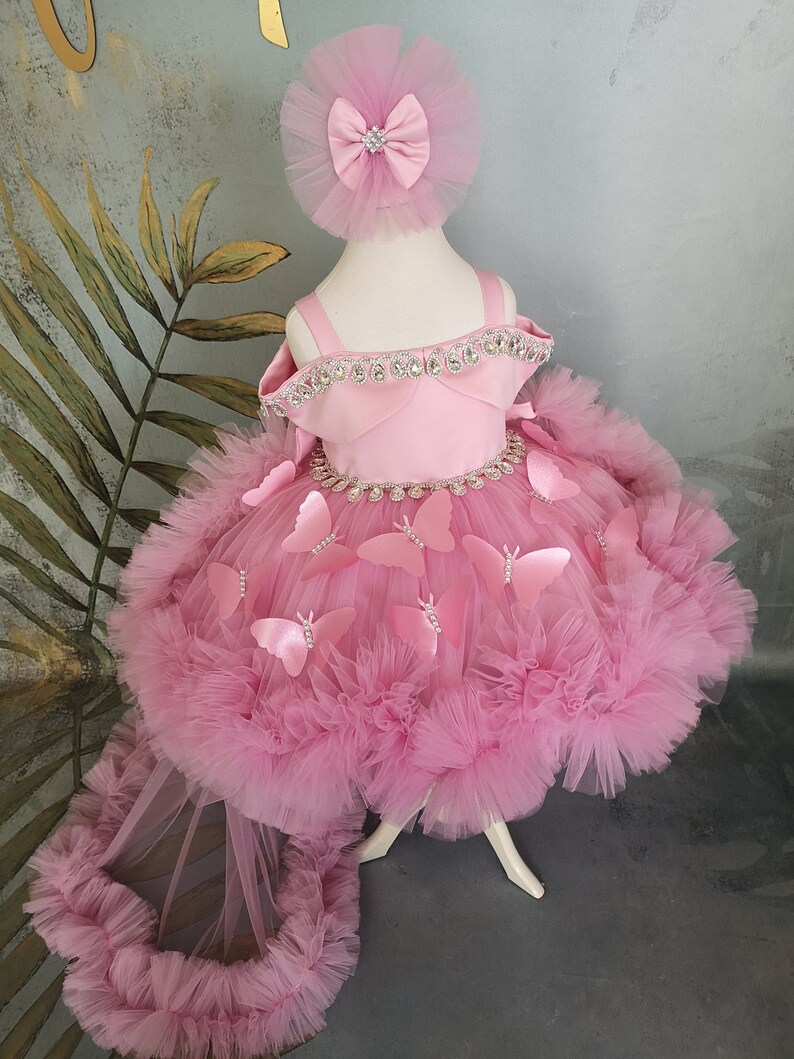 Pink Girl Gown With Chrystals & Detachable Train Butterfly - Etsy