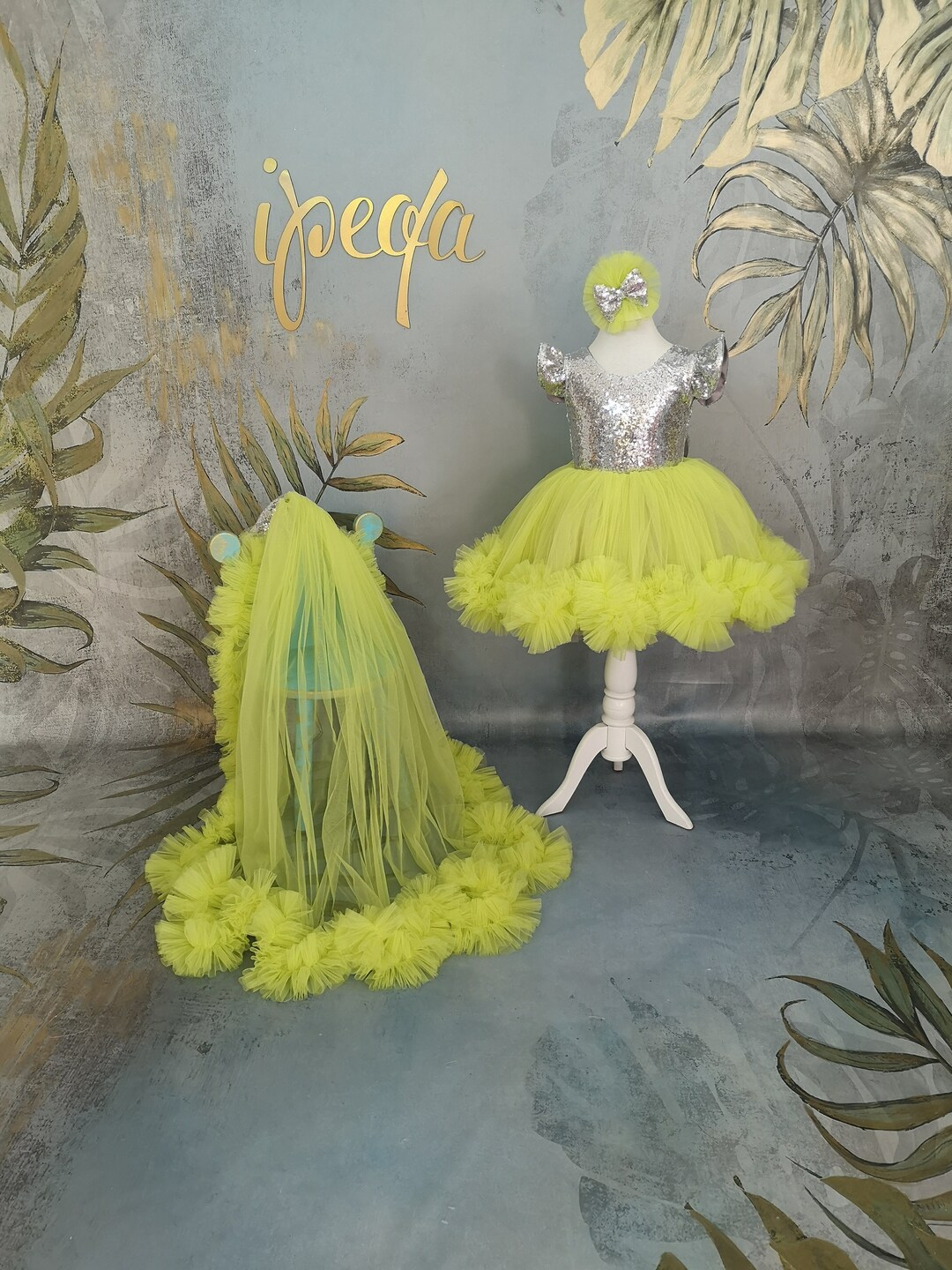 Neon Green Baby Girl Tutu Pageant Dress, Kiddie Frock Detachable Train ...