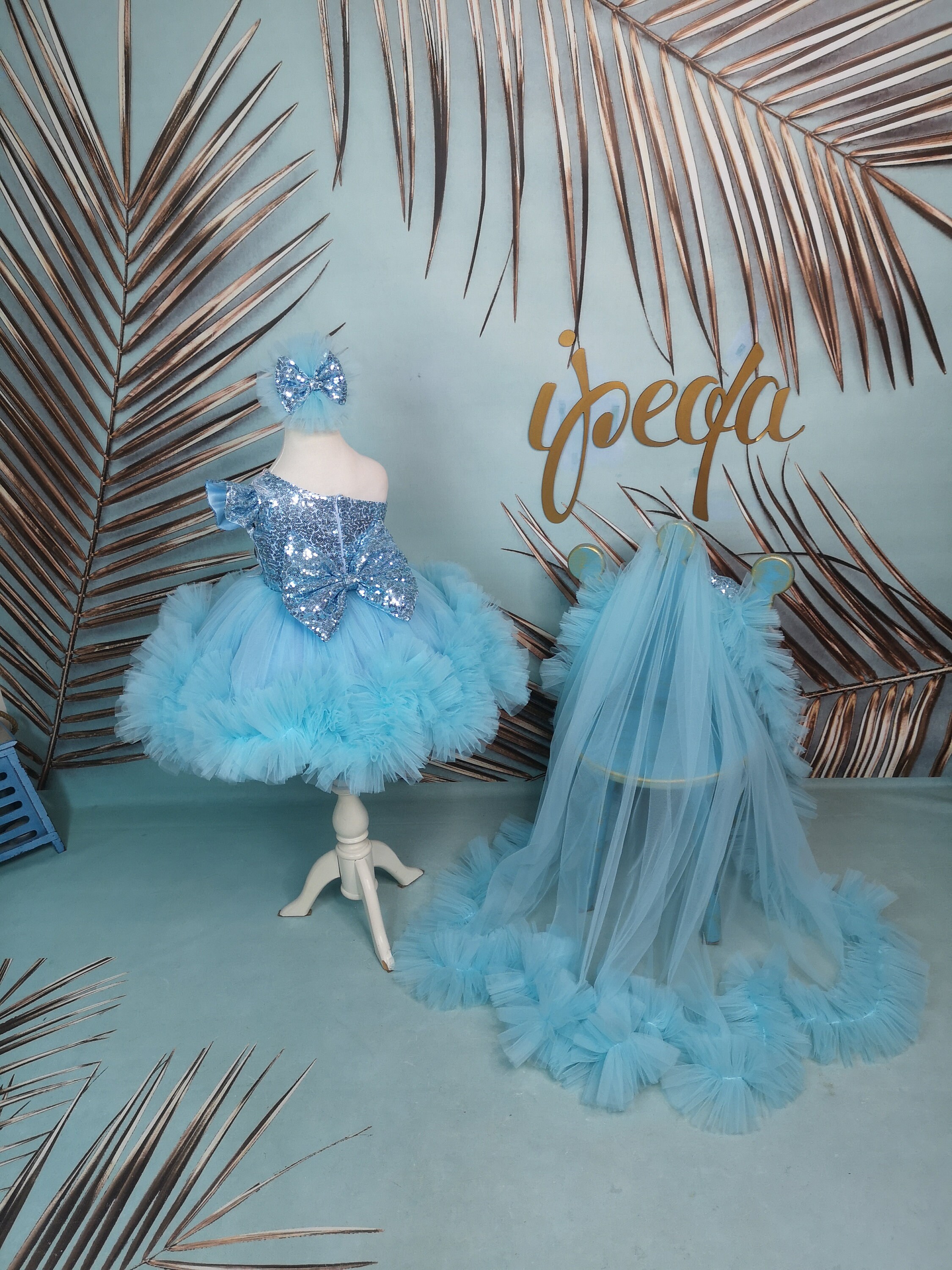 Turquoise Lace Toddler Prom Dress With Detachable Train, Long Tail ...