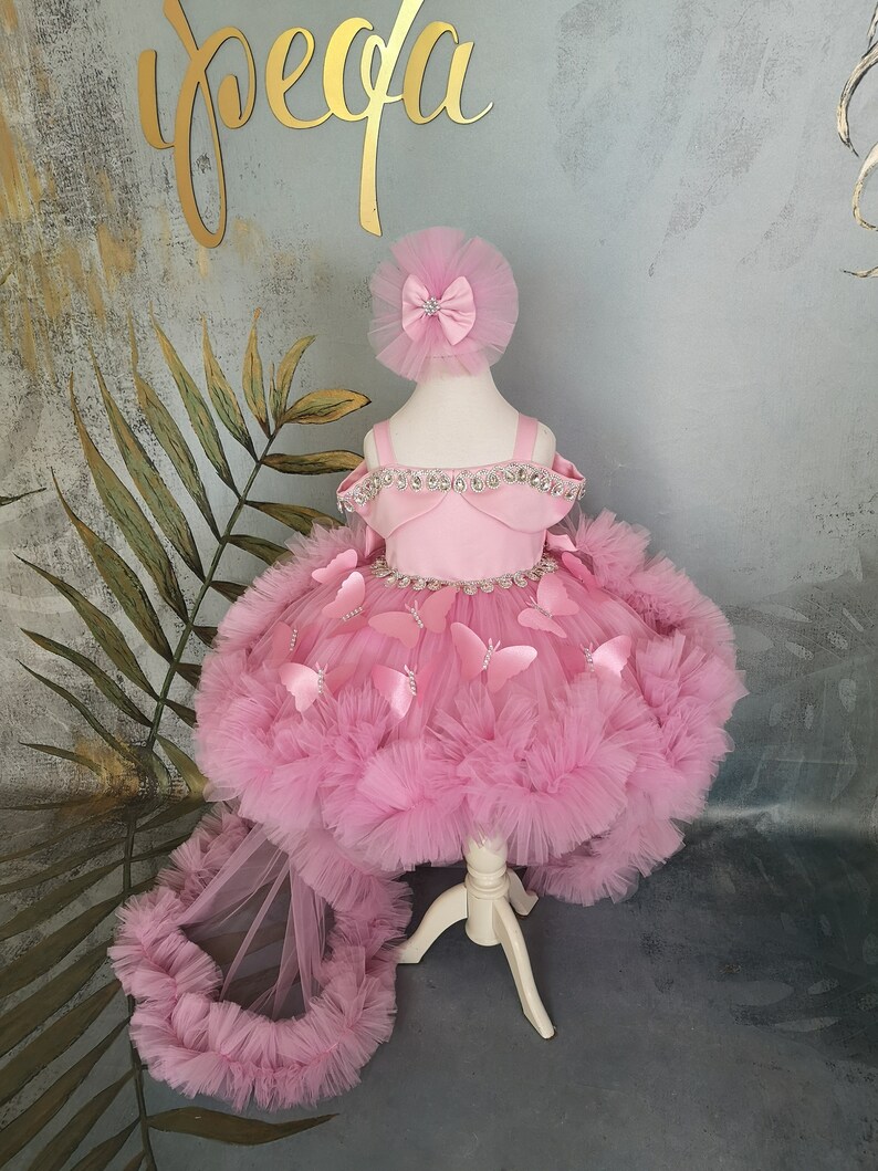 Pink Girl Gown With Chrystals & Detachable Train Butterfly - Etsy
