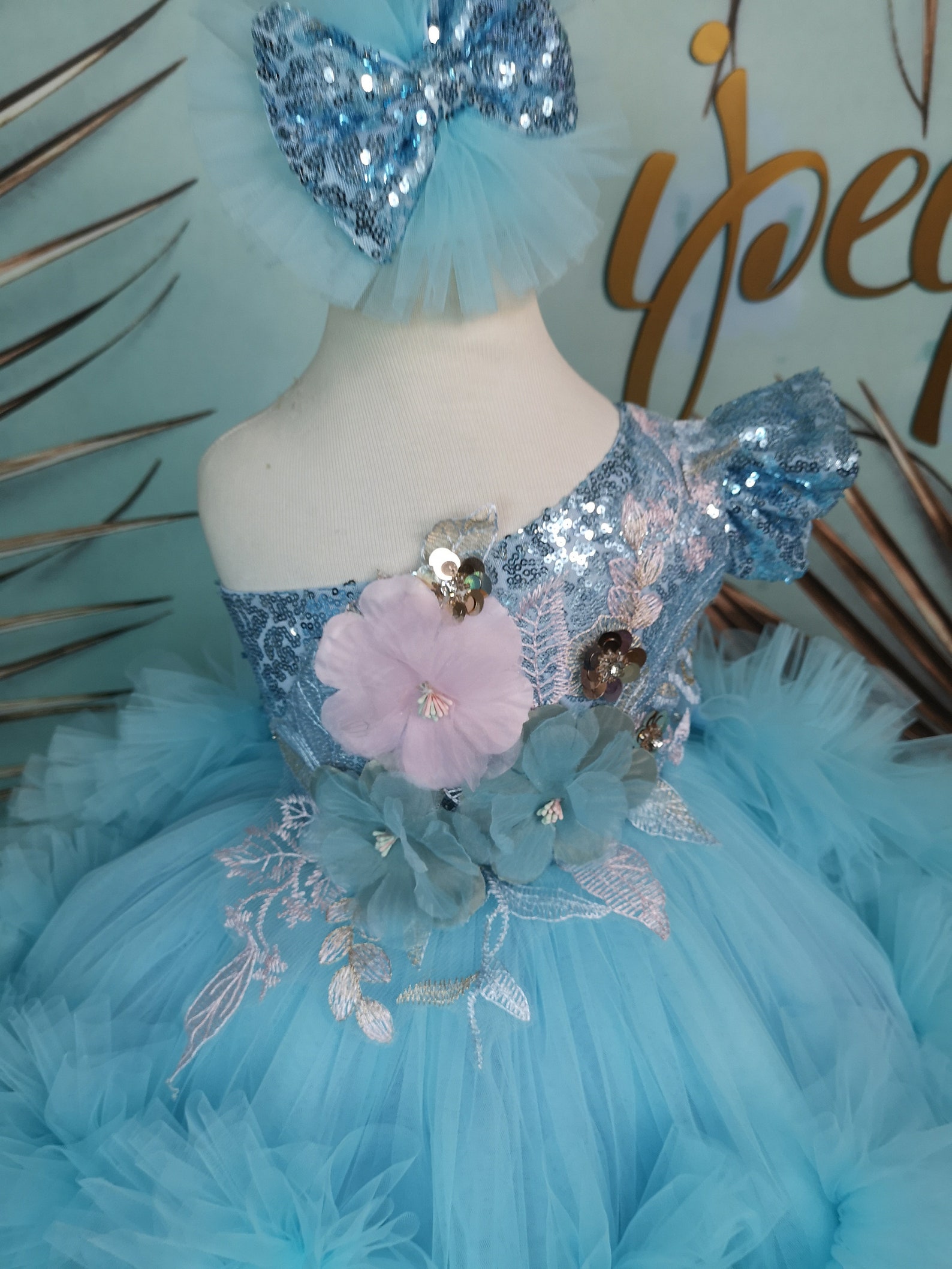 Turquoise Lace Toddler Prom Dress With Detachable Train, Long Tail ...