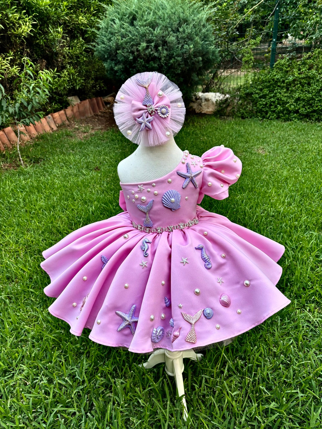 Pink Satin Mermaid Theme Birthday Baby Costume, Custom Starfish Prom ...