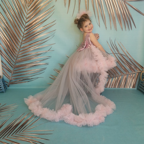 Powder Pink Girl Pageant Dress Detachable Train Long Tail - Etsy