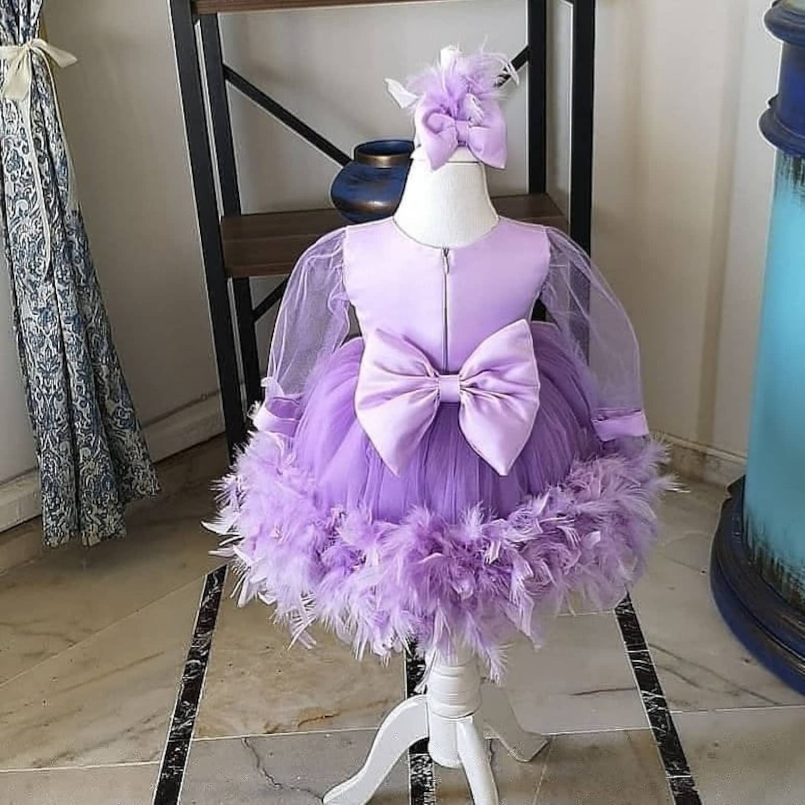 Feather Girls Dress Baby Blue Fur Outfit Flower Girl - Etsy