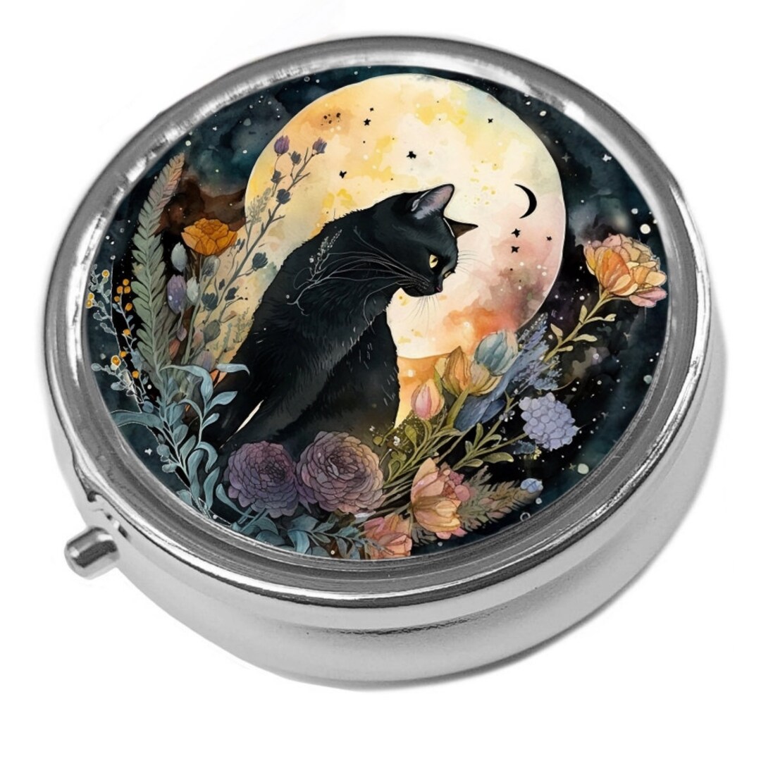 Black Cat, Moon & Flowers Metal Pill Box Cat Trinket Box - Etsy
