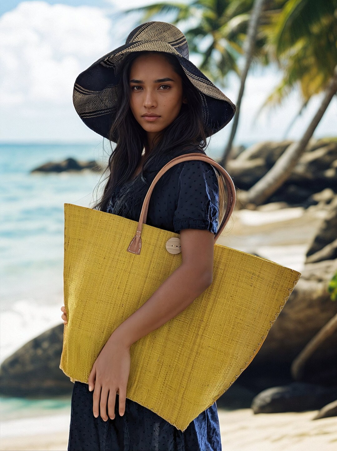 Oversized Yellow Raffia Bag, Woven Straw Beach Bag, Made in Madagascar ...
