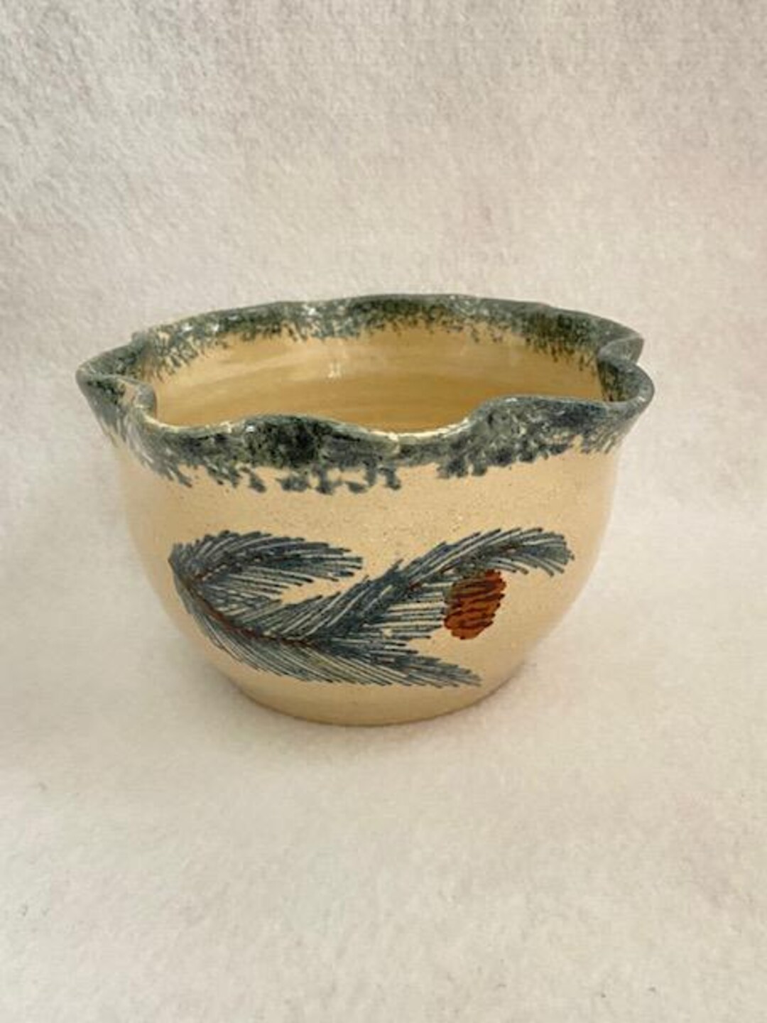 Vintage Scalloped Pottery Bowl With Pine Branch and Pine Cone - Etsy