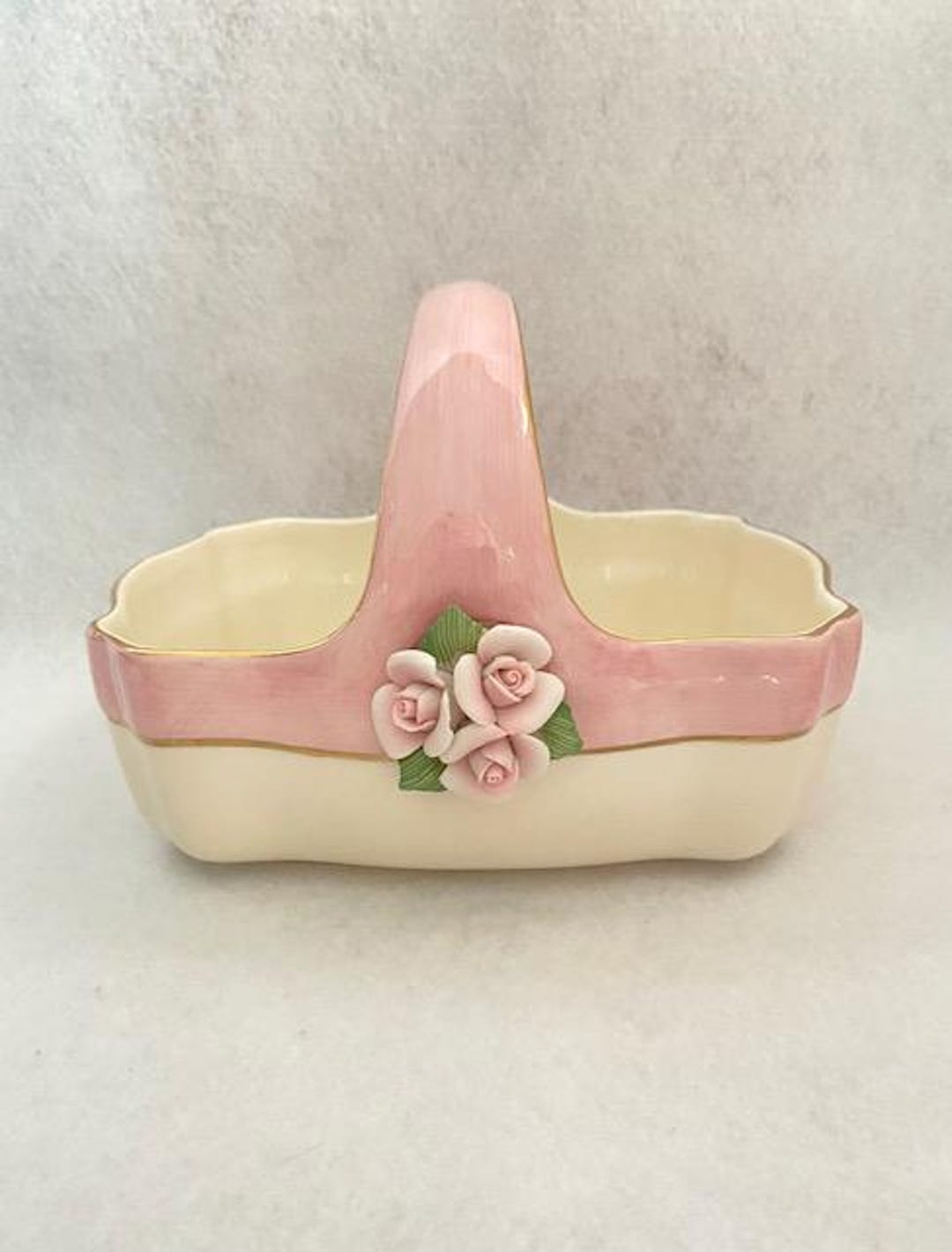 Vintage Teleflora Pink and White Ceramic Handled Basket With Applied ...