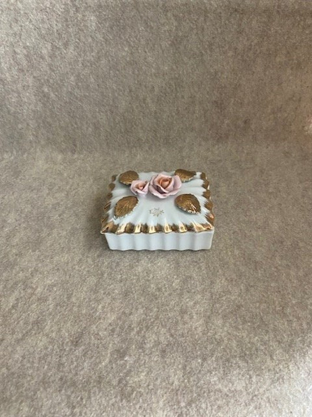 Vintage Enesco Imports Trinket Box With Applied Roses and Gold Leaves ...