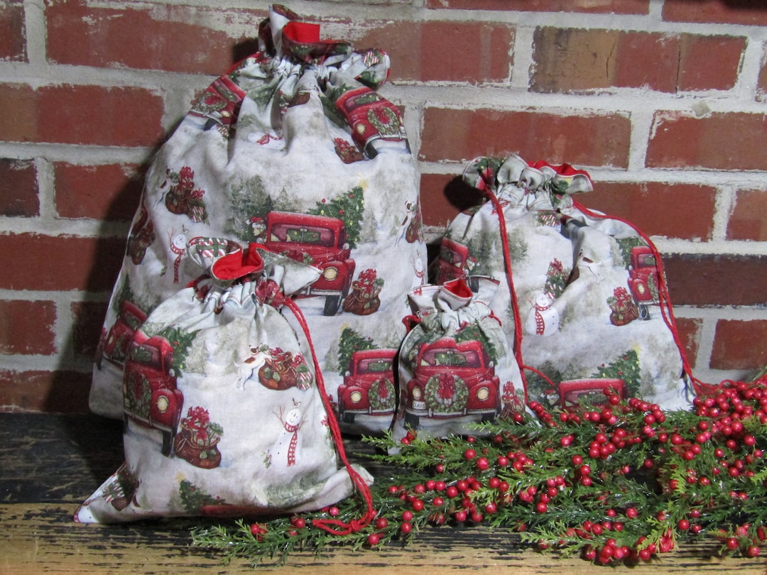 Christmas Fabric Gift Bag, Reusable Lined Cotton Cinch Sack - Etsy